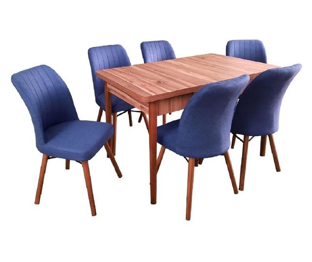 Set masa living extensibila Aris Nuc cu 6 scaune Kare albastre - Vivre