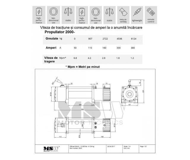 Troliu auto 12V 13.500 lbs 6,124 kg angrenaj planetar în 3 trepte MSW ...