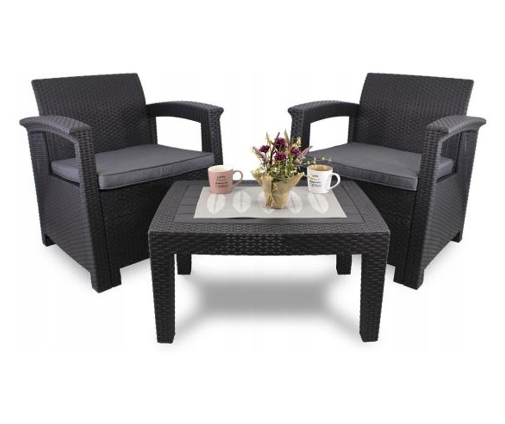 Set mobilier gradina/terasa, poliratan, antracit, 1 masa, 2 fotolii ...