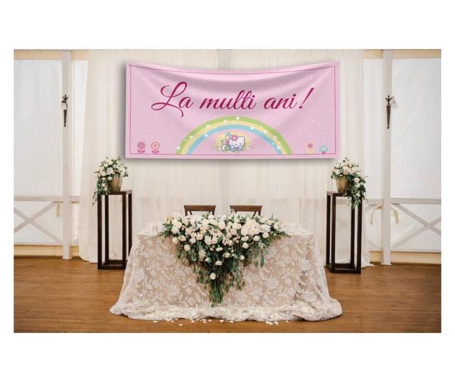 Pancarta "La multi ani" model roz si curcubeu , 100x200 cm - Vivre