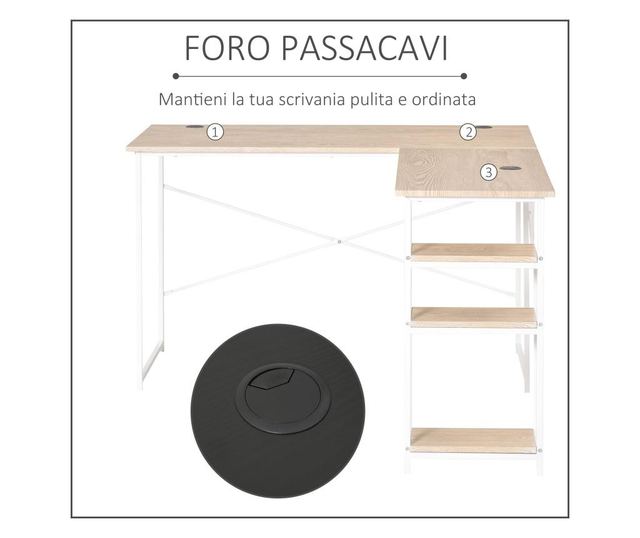 HOMCOM Birou de colt cu 3 polite si orificii de trecere cabluri din ...