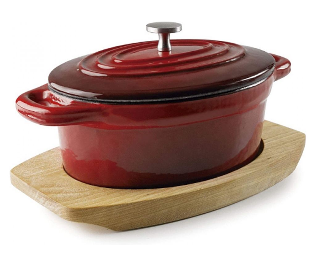 Vas din fonta oval rosu cu capac si suport din lemn, Magma Red, 400 ml ...