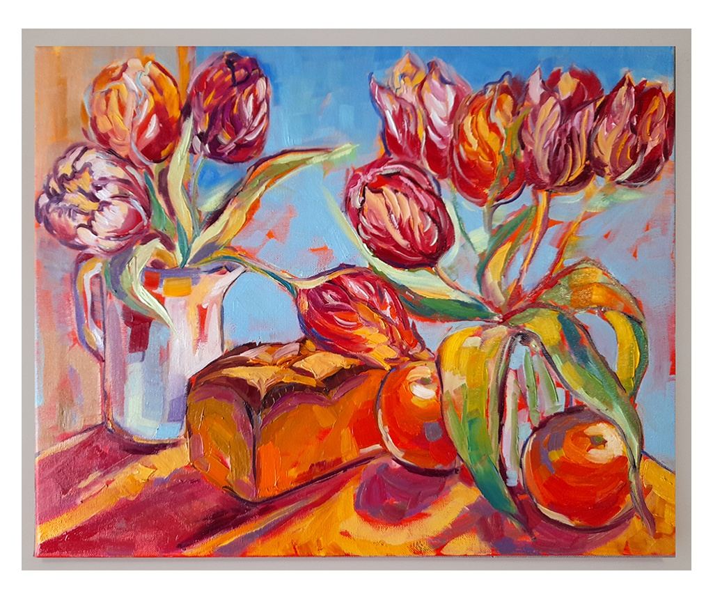 Festmény, Csendélet tulipánnal és szentjánoskenyérrel, kézzel festett ...
