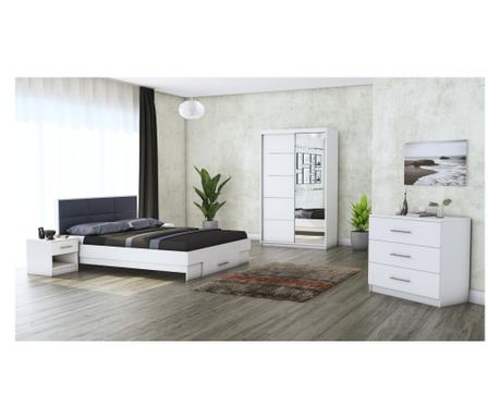 Dormitor Solano, Alb, Dulap 120 cm, Pat cu tablie tapitata gri 140×200 ...