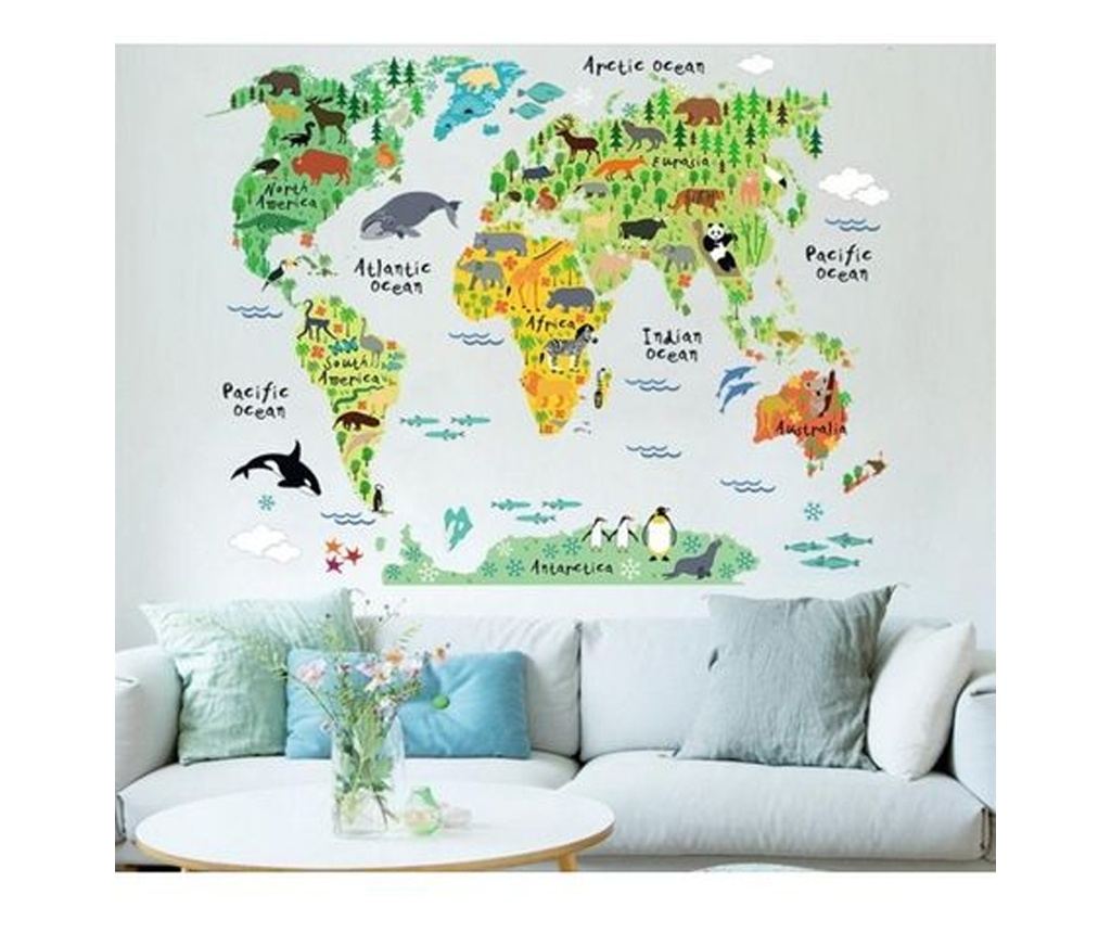 Sticker Decorativ Harta Lumii si Animalele Autocolant - Vivre