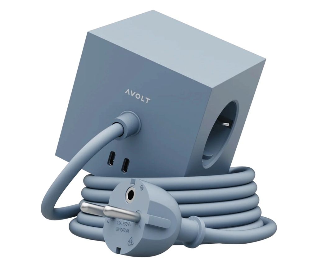 AVOLT Кубичен разклонител Square 1, 3 контакта, 2xUSB-C, 3м кабел, син ...